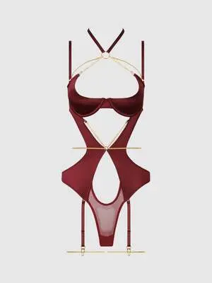 Frederick's Of Hollywood Emery Liquid Satin & Chain Halter Teddy - Cabernet