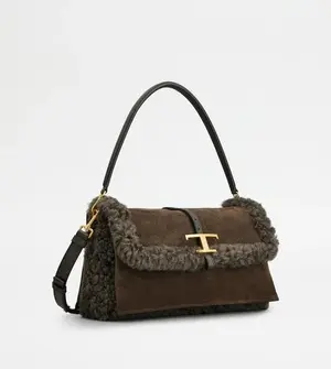 TOD'S T Timeless Flap Bag In Suede And Shearling Small