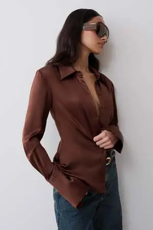 Meshki Queenie Silk Long Sleeve Shirt - Brown