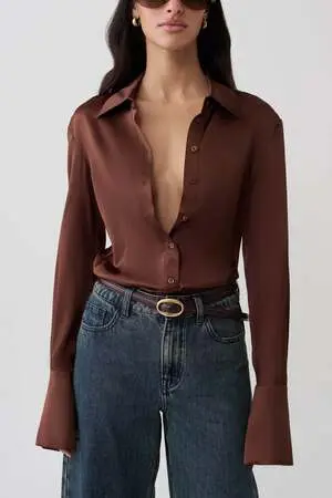 Meshki Queenie Silk Long Sleeve Shirt - Brown