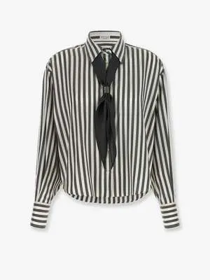Brunello Cucinelli Striped Silk Shirt With Foulard - Grey