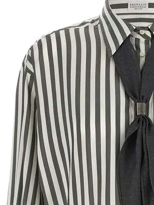 Brunello Cucinelli Striped Silk Shirt With Foulard - Grey