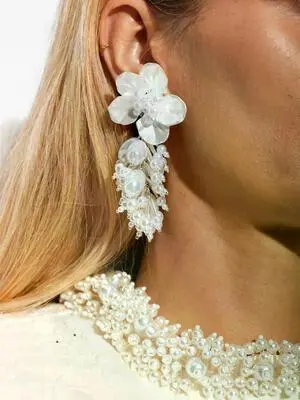 SELF-PORTRAIT Pearl Flower Beaded Cluster Earrings - Silver