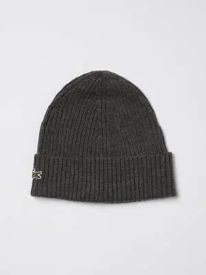 Lacoste Ribbed Pure Wool Beanie Hat With Cuff And Embroidered Logo - Grey