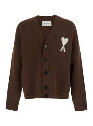 AMI Paris V-neck Cardigan With Of Coeur Patch - Brown