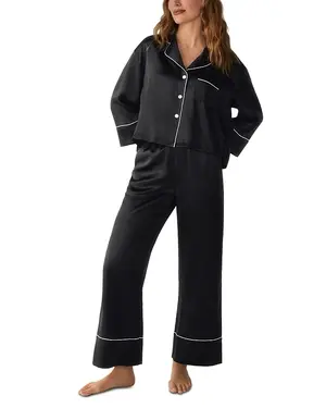 PETITE PLUME Celine Silk Shirt & Wide Leg Pants Pajama Set - Black