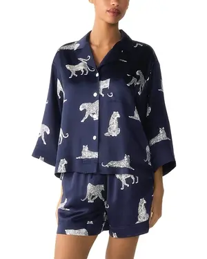 PETITE PLUME Olivia Silk Shirt & Pull On Shorts Pajama Set - Navy