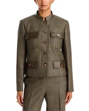 Lafayette 148 New York Leather Trim Wool Cropped Jacket - Olive Multi
