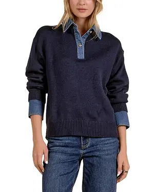 Elan Denim Trim Collared Sweater