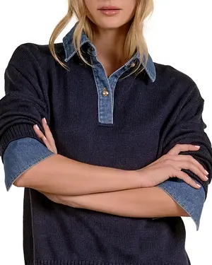 Elan Denim Trim Collared Sweater