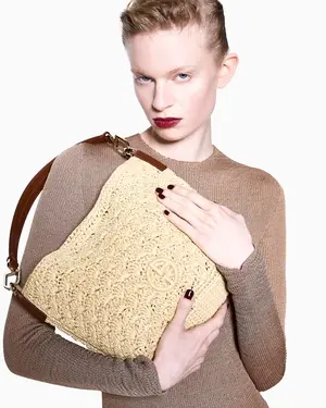 Giorgio Armani Small Shoulder Bag Made Of Raffia Fan Stitch And Leather