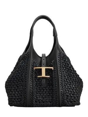 TOD'S T Timeless Mini Raffia & Leather Shopping Bag - Nero
