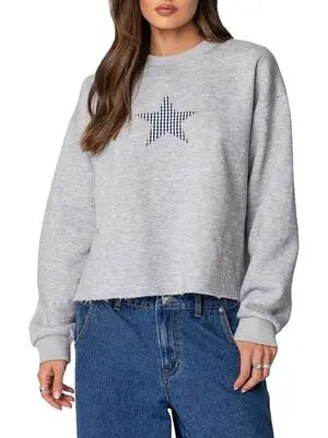 EDIKTED Gingham Star Appliqué Sweatshirt - Gray-melange
