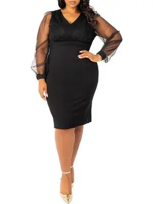 BUXOM COUTURE Tulle Long Sleeve Sheath Dress - Black