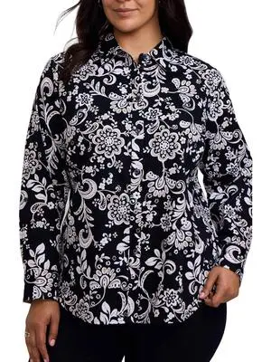 Foxcroft Margie Daisy Cotton Button-up Shirt - Black/multi