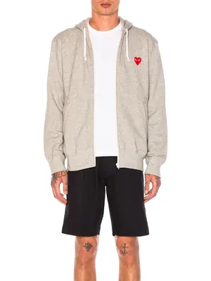 Play Comme Des Garcon Red Emblem Zip Cotton Hoodie - Grey