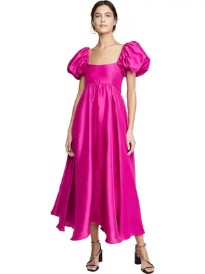 Azeeza Rory Puff Sleeve Silk Dress Magenta