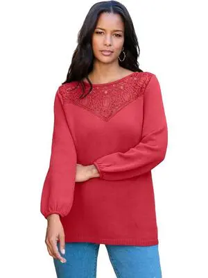 Roaman's Lace Mesh Pullover Sweater - Dark Berry