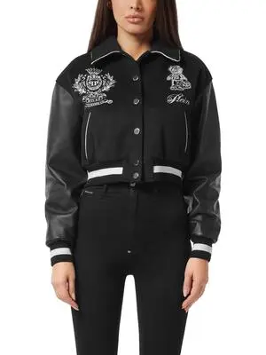 Philipp Plein Philipp Plein Wool And Leather College Bomber Jacket Black
