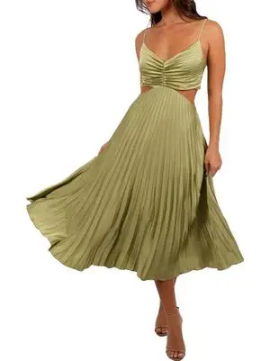 PETAL & PUP Niamh Pleated Cutout Satin Midi Dress - Meadow Green