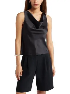 OPEN EDIT Sleeveless Cowl Neck Satin Top Black