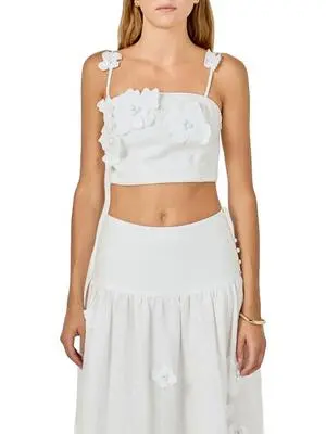 Endless Rose Cropped Linen Shell Top With 3d Floral Appliqu - White