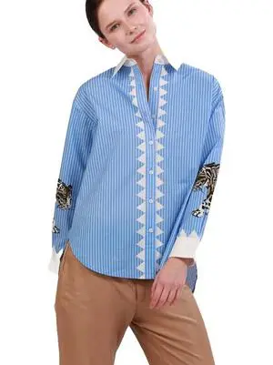 Las Surenas Las Surenas Snow Leopard Appliqué Poplin Shirt Light Blue