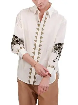 Las Surenas Snow Leopard Appliqué Poplin Shirt - White