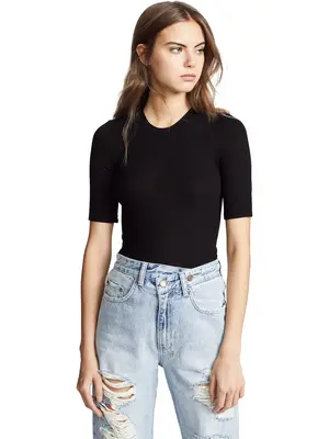 Enza Costa Rib Fitted Half Sleeve Crew Tee - Black