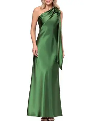 Betsy & Adam One-shoulder Satin Gown With Bow Detail - Moss