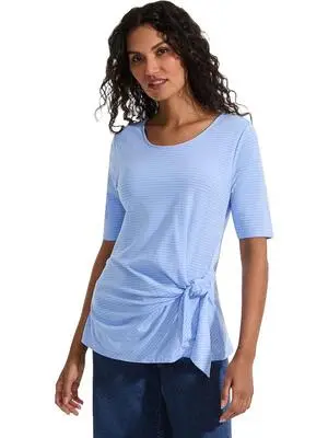 LANDS' END Lightweight Jersey Tie Front Top - Clear Blue Sky Thin Stripe