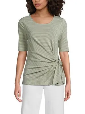 LANDS' END Lightweight Jersey Tie Front Top - Sage Thin Stripe