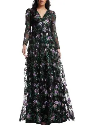 Dress The Population Angelina Sequin Embroidered Gown - Black Multi