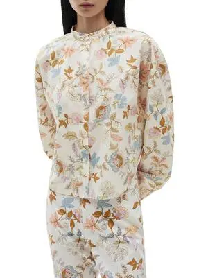 Mango Floral Cotton Band Collar Button-up Shirt - Ecru