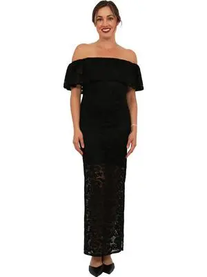 24SEVEN COMFORT APPAREL Off The Shoulder Lace Maxi Dress With Side Slit - Black