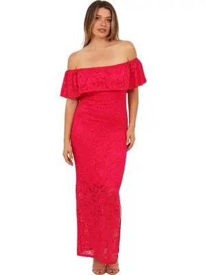 24SEVEN COMFORT APPAREL Off The Shoulder Lace Maxi Dress With Side Slit - Fuchsia