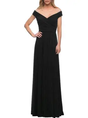La Femme Off The Shoulder Net Jersey Gown - Black