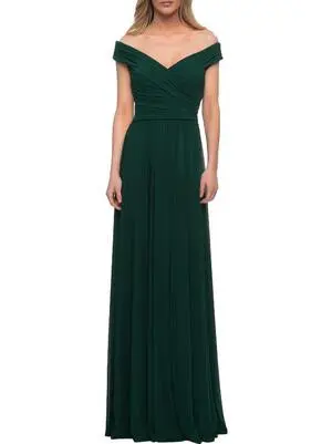 La Femme Off The Shoulder Net Jersey Gown - Emerald