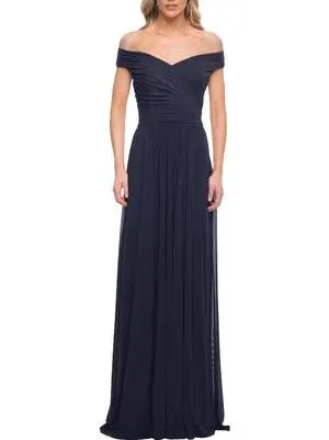La Femme Off The Shoulder Net Jersey Gown - Navy