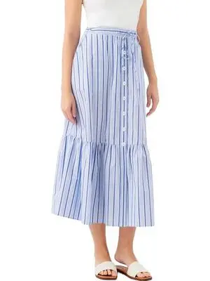 Karen Kane Striped Tiered Cotton Skirt With Ruffle - Blue