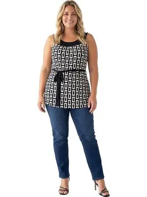 24SEVEN COMFORT APPAREL Sleeveless Geometric Print Scoop Neck Tunic Top With Waist Tie - Black Multi