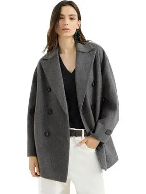 Brunello Cucinelli Cashmere Double Beaver Cloth Pea Coat With Precious Patch - Anthracite