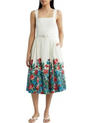 TAHARI ASL Border Print Sleeveless Midi Dress - Ivory Multi