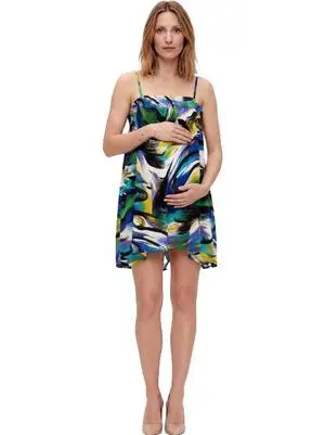 24SEVEN COMFORT APPAREL Abstract Print Spaghetti Strap Smocked A-line Pocket Mini Dress - Blue Multi