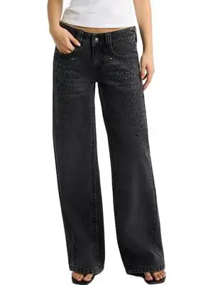FADE OUT LOUD Studded Low Rise Wide Leg Jeans - Black