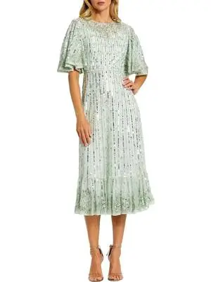 Mac Duggal Embellished Flounce Sleeve Midi Dress - Sage
