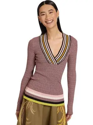 La DoubleJ Ribbed V-neck Sweater With Contrast Stripes - Pink