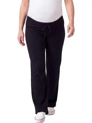 24SEVEN COMFORT APPAREL Maternity Ribbed Knit Lounge Pants With Drawstring Waist - Black