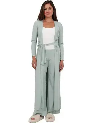 24SEVEN COMFORT APPAREL Basic Long Sleeve Tie Waist Soft Jacket And Elastic Waist Wide Leg Pant Set - Mint
