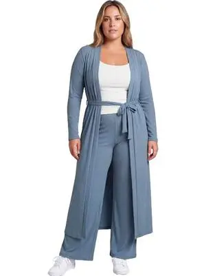 24SEVEN COMFORT APPAREL Ribbed Knit Long Sleeve Jacket And Wide Leg Pant Set - Blue